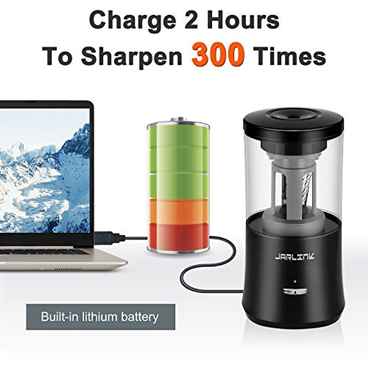 JARLINK Electric Pencil Sharpener, Fully Automated Rechargeable Sharpener Fast Sharpen for No.2/Colored Pencils(6-8mm), Portable in School/Office/Home (USB Cable Include)