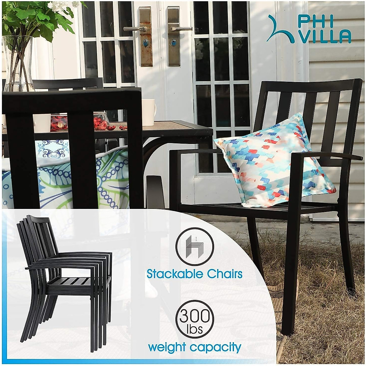 PHI VILLA Wrought Iron Patio Outdoor Dining Chairs, Portable Black Outdoor Patio Chairs Set of 4, Stackable Indoor Outdoor Bistro Deck Metal Chairs for Garden Backyard Lawn, Support 300 lbs