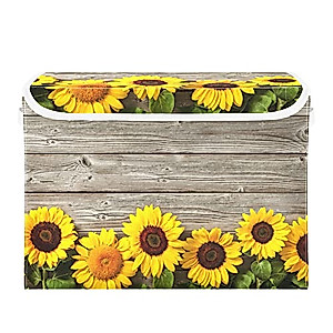 Sunflowers on Wooden Storage Bins with Lids Collapsible Storage Box Basket with Lid Closet Organizer Containers Storage Bins for Clothes for Clothes Closets Gift Organizing