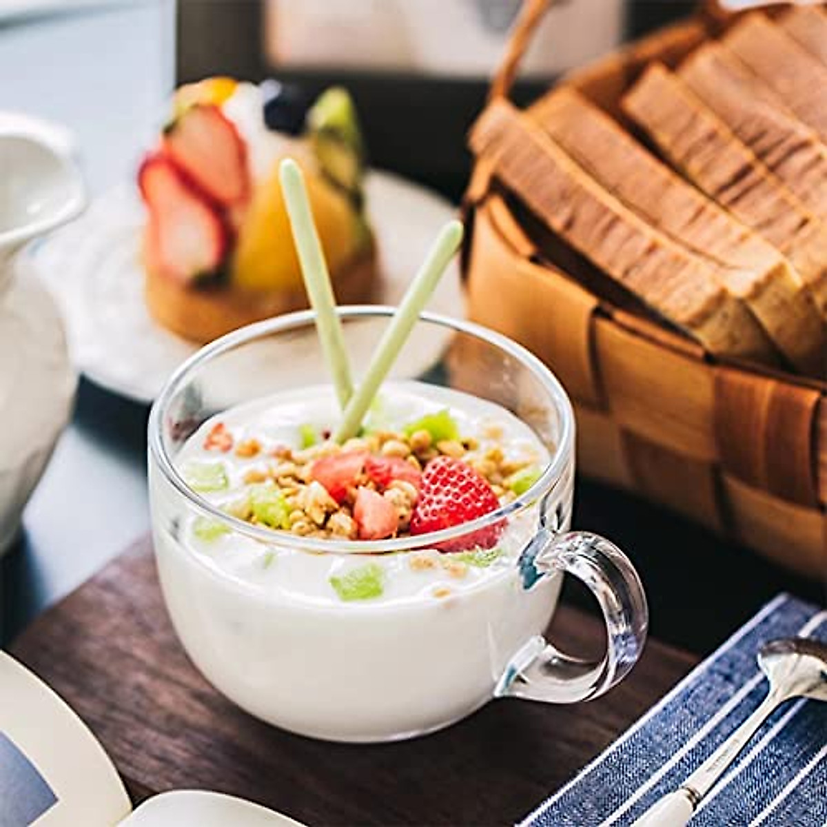 YAMSH Large Clear Glass Coffee Mugs Set of 2,14.8 oz(440ml)-Wide Mouth Tea Cups with Handle and Spoon Transparent Drinking for Cappuccino Cups, Latte, Milk color 4 Piece