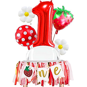 Strawberry Berry First Birthday High Chair Banner Party Supplies Kit: Sweet First Birthday Banner One Balloon Strawberry Daisy Balloons Smash Cake Decoration Photo Prop Gifts For Kids Girls
