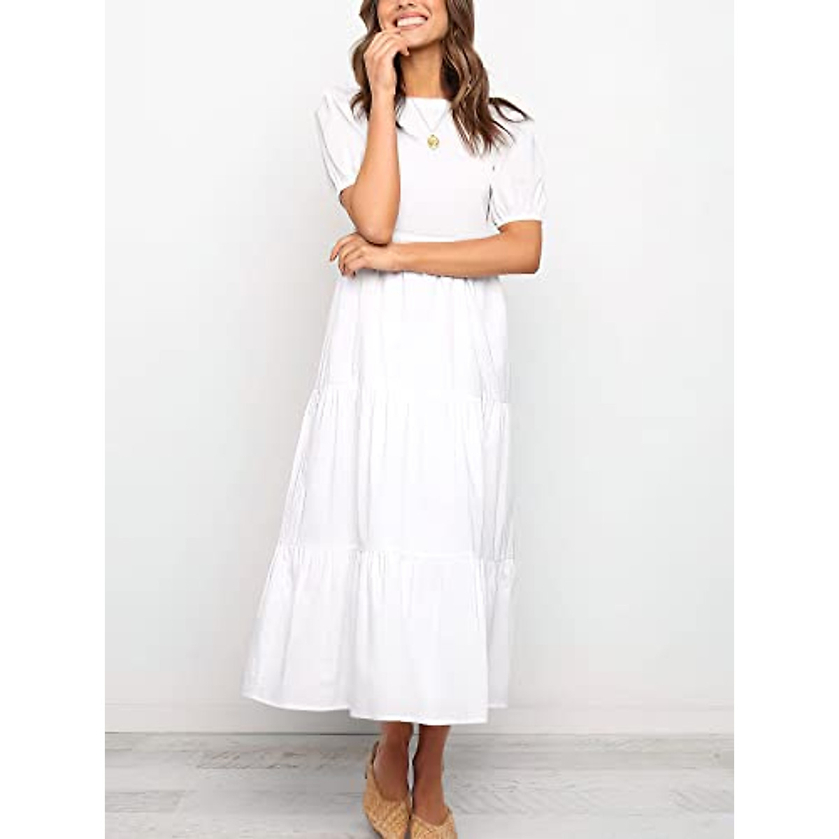 LOGENE Women Short Sleeve Crew Neck Smocked Elastic Waist Tiered Maxi Dress Summer Boho Solid Color Sun Dresses-484-baise-L