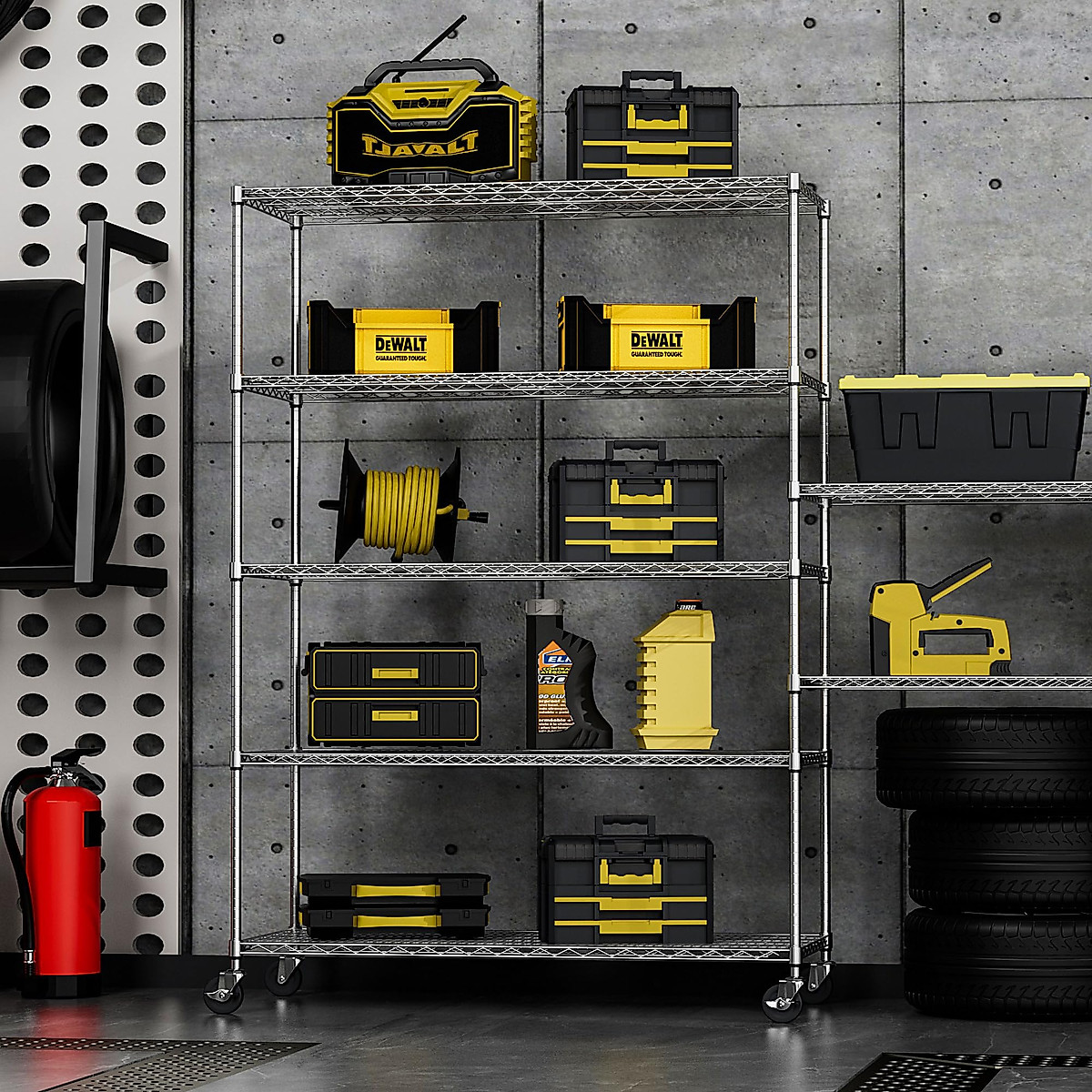 Metal Storage Shelves with Wheels, NSF Shelving Unit 60 X 18 X 72, 1325 Lbs Capacity, 5 Tier Heavy Duty Wire Shelving Rack, Commercial Metal Shelves for Storage, Garage, Pantry, Kitchen, Chrome