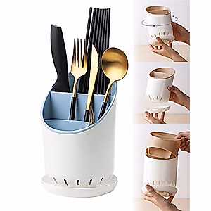 spolis Kitchen Utensil Holders Cutlery Drying Rack for Counter with Catch Pan and Drain Hole, Anti Tilting Kitchen Silverware Drainer Basket Sink Caddy for Forks, Knives, Spoons, Chopsticks-Blue