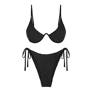 ZAFUL Women's Textured Underwire Bikini Set V Notch High Cut Swimwear Tie Side Ribbed Sexy Swimsuits