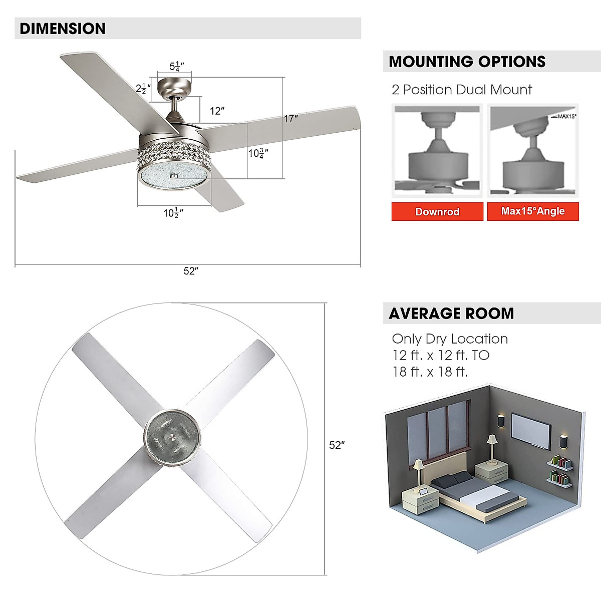 Parrot Uncle Ceiling Fans with Lights and Remote 52 Inch Bedroom Ceiling Fan with Lights Modern Outdoor Ceiling Fans for Covered Patios, Brushed Nickel