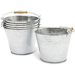 Six Galvanized Metal Buckets with Wooden Handles for Parties, Home Projects, and More (4.5 in; not to be Used as Water Buckets)