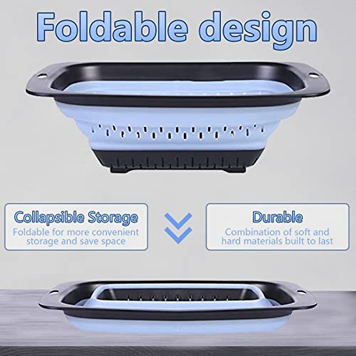 Esmartlife Silicone Colanders - 2 Collapsible Colanders (Strainers), Sizes9" - 3 Quart and 8" - 2Quart -Colander Strainer, Space-save Silicone Kitchen Foldable Food Strainer