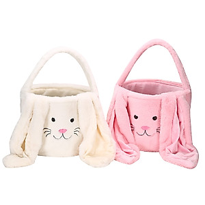 E-FirstFeeling Plush Easter Bunny Basket Easter Basket for Kids Easter Egg Hunt Basket with Ears Bunny Bucket Tote for Easter Eggs Candy (Plush-White)