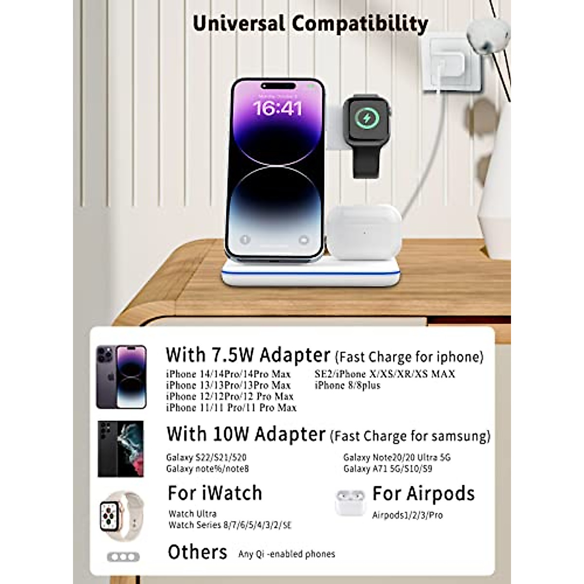 Wireless Charger 3 in 1, Any warphone Wireless Charging Station for Multiple Devices, Charger Station Compatible with iPhone 14/13/12/11/Pro/Max/XS/XR/X/8, iWatch 8/7/6/SE/5/4/3/2, AirPods Pro/3/2/1
