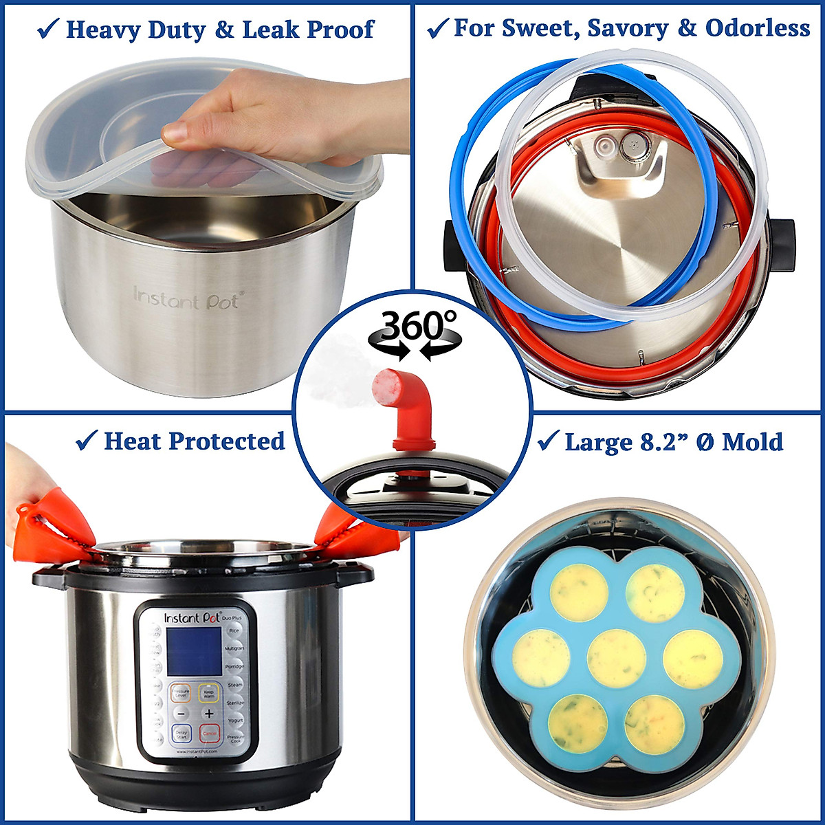 UPGRADED - Silicone Accessories For Instant Pot 5 & 6 Quart: Silicone Lid, 3 Silicone Sealing Rings, Silicone Egg Bites Mold, Mitts, Steam Diverter - 100% AUTHENTIC SILICONE - BPA-FREE, PVC-FREE