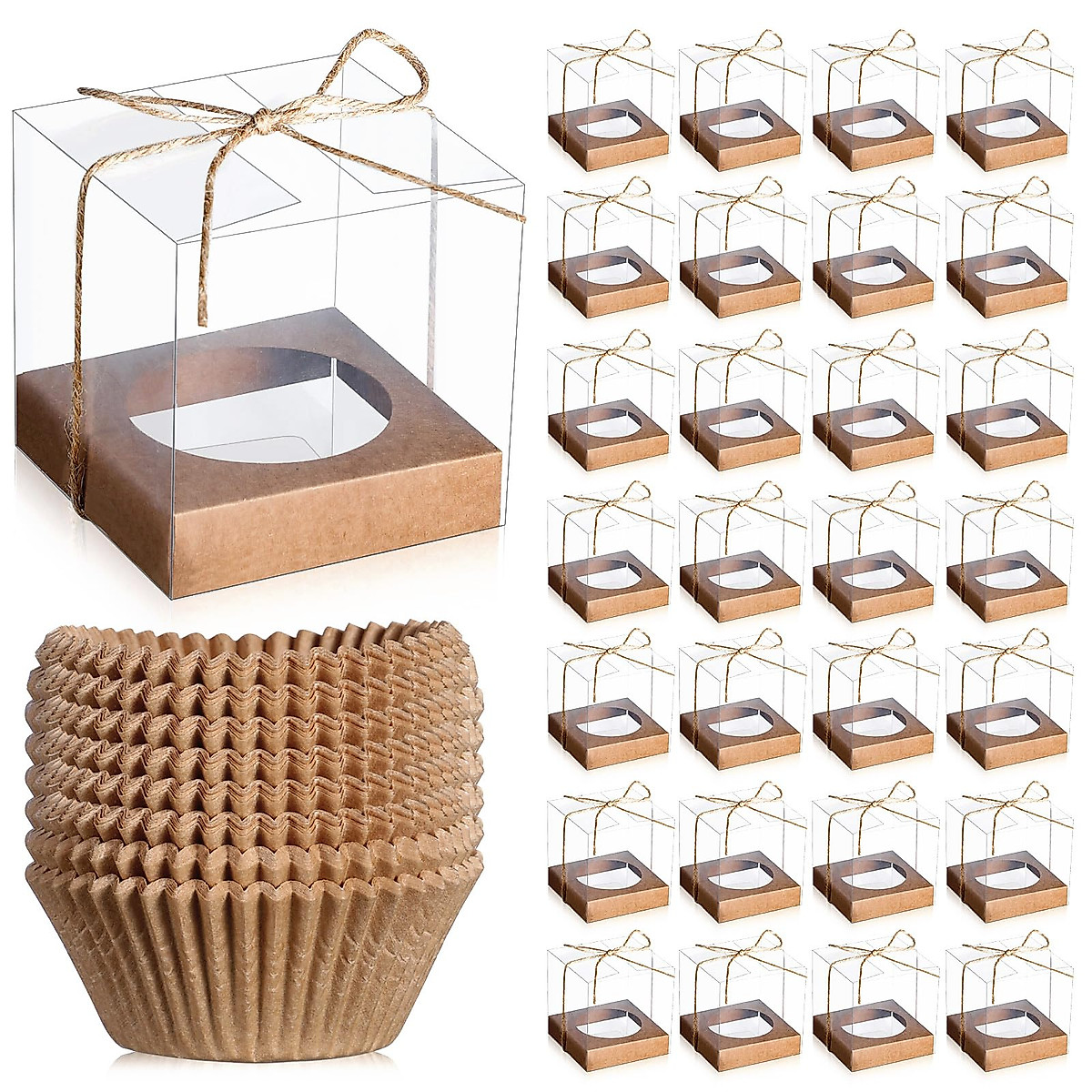 Ctosree 50 Sets Clear Plastic Cupcake Boxes 3.5 Inches Single Cupcake Containers with 100 Pcs Cupcake Liners Cupcake Containers Baking Cups Single Cupcake Holders Cupcake Storage for Cake Dessert