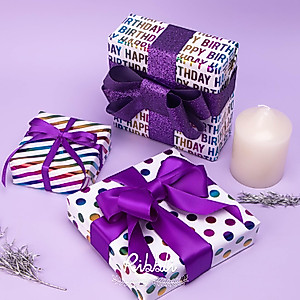 Ribbli Birthday Wrapping Paper Iridescent Gift Wrapping Paper Mini Roll, 3 Rolls Happy Birthday Polka Dots Stripes Printed Assortment - 17 inch x 120 inch(10feet) Per Roll