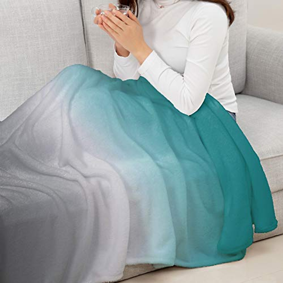 Teal Grey Graident Farmhouse Throw Blanket Flannel Fleece Blanket, Lightweight Blanket for Women Adult Girl, Baby - Microfiber Nap Blanket for Couch, Bed, Sofa - 60" x 50" Rustic Ombre Turquoise Gray