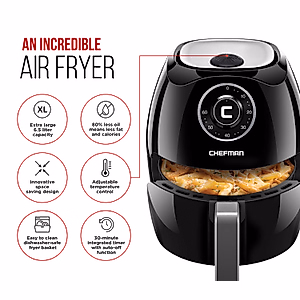 Chefman 6.5 Quart Air Fryer Oven with Space Saving Flat Basket, Oil Free Hot Airfryer with 60 Minute Timer & Auto Shut Off, Dishwasher Safe Parts, BPA-Free, Family Size, X-Large, Black
