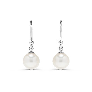 .925 Sterling Silver AAAA 7.5-8mm Round White Freshwater Cultured Pearl French Wire Hook Dangling Drop Earrings