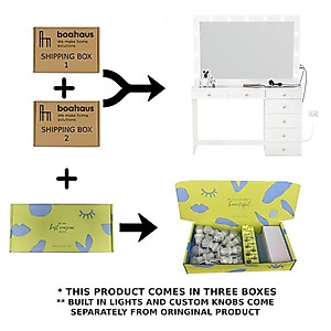Boahaus Serena LARGE Makeup Vanity with Hollywood Lights Built-in, 7 Drawers, Hollywood Mirror, Hairdryer Hanger, Glass Top, Crystal Ball Knobs, White Vanity Makeup Desk for Bedroom, 58''Hx47''Wx17''D