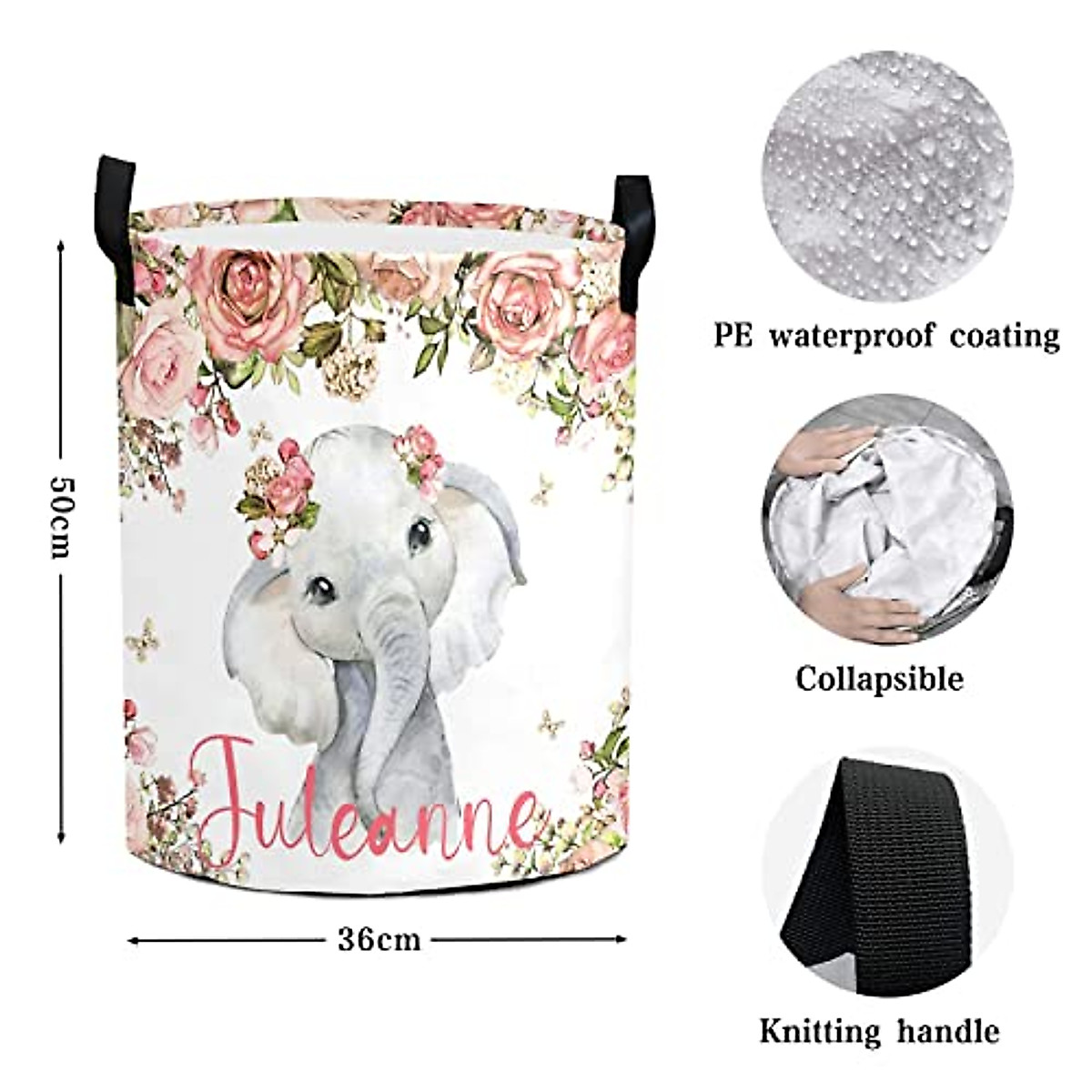 Personalized Laundry Baskets Custom Laundry Hamper Collapsible Clothes Storage Basket with Handle for Bathroom Living Room Bedroom (Baby elephant 11)