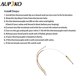 Aupoko Universal Thermocouple Patio Heater Parts, 350 mm Outdoor Heater Replacement Parts M8 x 1 End Connection Nuts Thermocouple 0.4 Meters Length M6 x 0.75 Head Thread 4.8 mm/ 0.19'' Flat Terminal