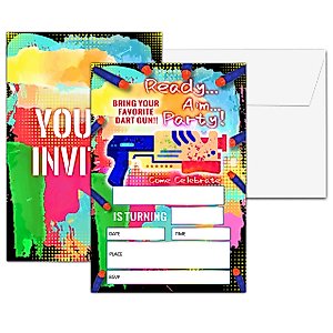 Chuxvon Dart Guns Birthday Party Invitations, Darts Birthday Invitation, Double-Sided Fill In Invites, Kids Dart Gun Birthday Party Decorations, 20 Cards With 20 Envelopes(C15)