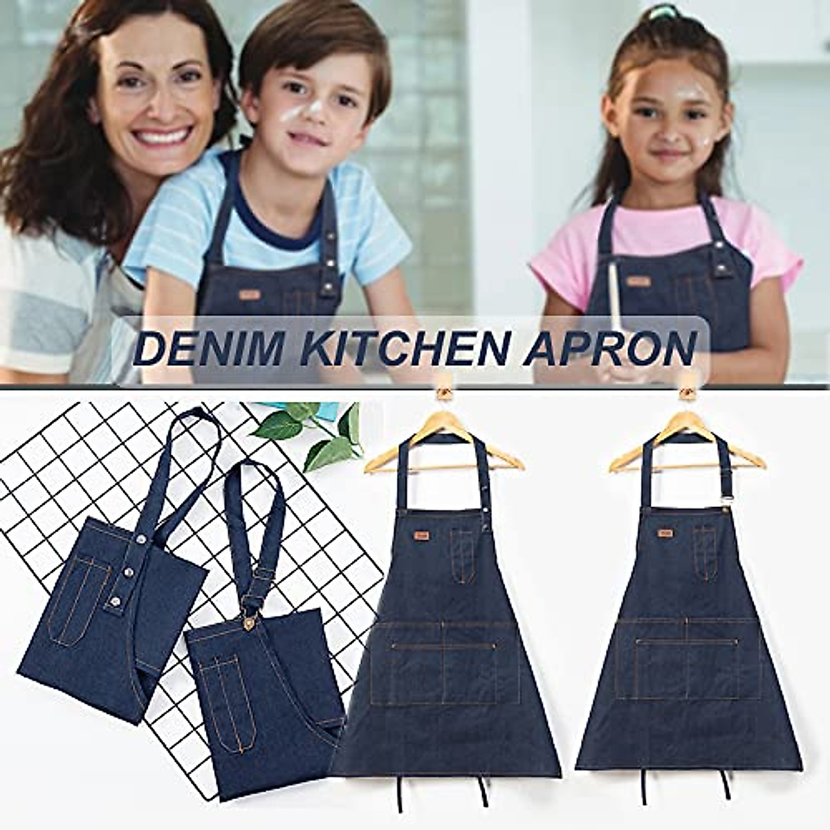 lazynice Kids Apron Kids Jeans Apron For Boys, Girls Apron Chef Cotton Denim Apron With 3 Pockets Kitchen Cooking Baking Wear, Gardening,Painting, BBQ, Art,DIY,Drawing