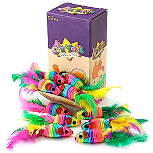 CHIWAVA 24PCS 5" Rattle Cat Toys Mice with Feather Rainbow Rope Mouse Kitten Interactive Toy Assorted Color