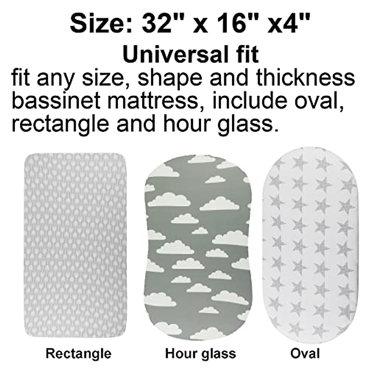 Bassinet Fitted Sheets 4 Pack for Baby Boy and Girl, Stretchy Soft Knitted Sheet Universal for Hourglass Oval and Rectangle Bassinet Mattress, Unisex Stripe Star Cloud and Arrow Printing