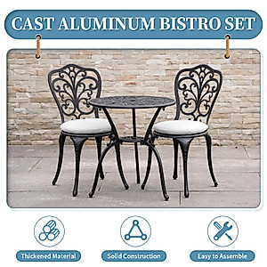 Withniture 3 Piece Bistro Patio Set Cast Aluminum Bistro Table and Chairs Set of 2 with Cushion,Outdoor Bistro Table Set with Umbrella Hole,All Weather Patio Furniture Set for Garden,Black