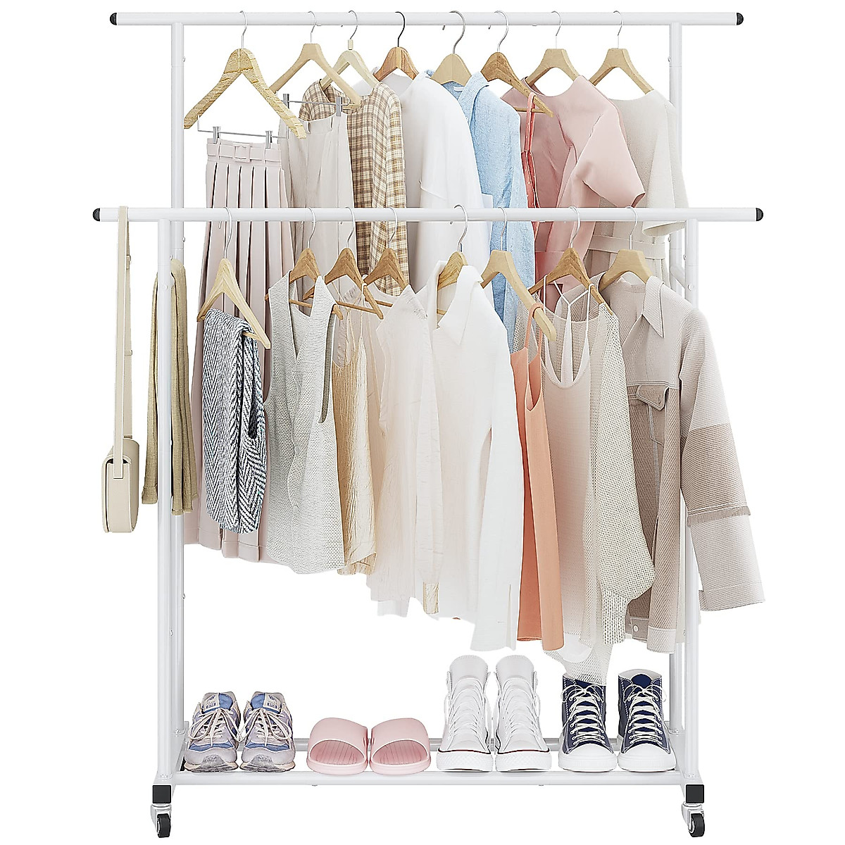 Calmootey Double Rod Clothing Garment Rack,Rolling Hanging Clothes Rack,Portable Clothes Organizer for Bedroom,Living Room,Clothing Store,White