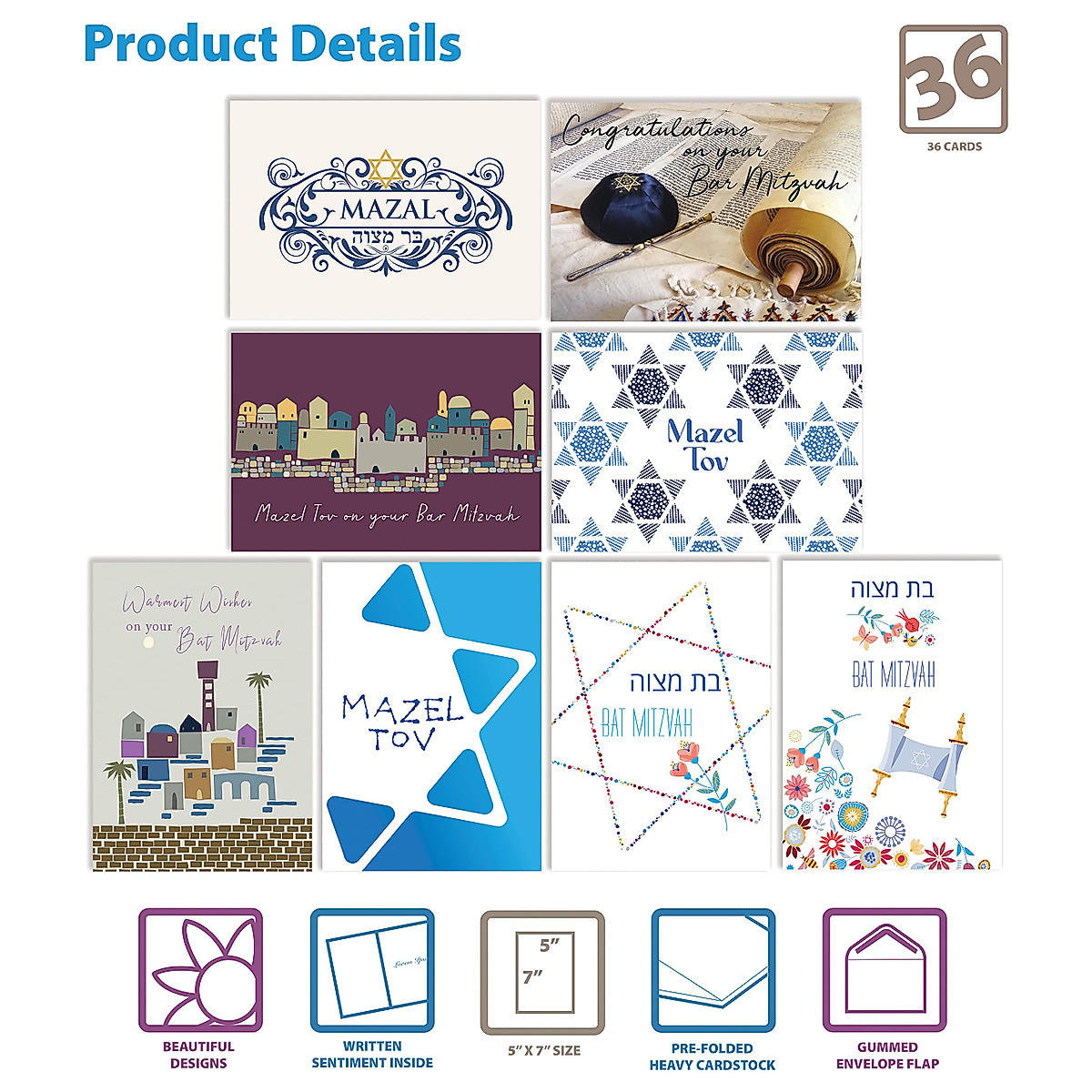 Better Office Products 36 Pack Bar Mitzvah & Bat Mitzvah Cards, Mazel Tov Jewish Celebration Cards with Envelopes, Bulk Set, Classic 5 x 7 Inch Size, 8 Unique Cover Designs with Heartfelt Sentiments
