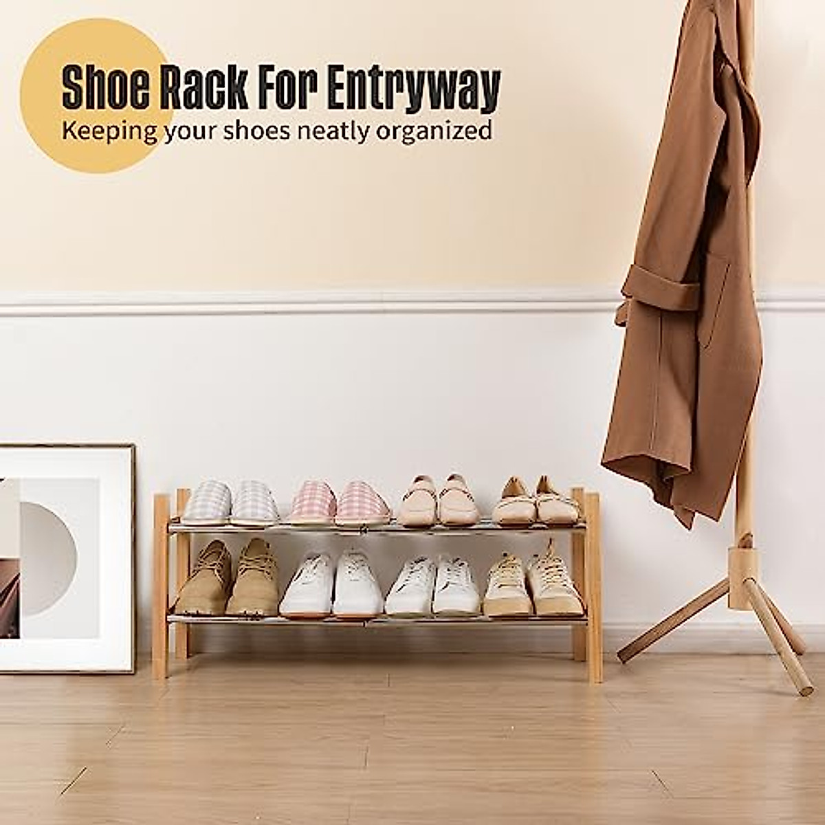 NUDUKO Expandable Shoe Rack Storage Organizer - 2 Tier Adjustable Wood and Metal Shoe Shelf Heavy Duty Small Shoe Rack for Closet Bedroom Entryway (Natural)