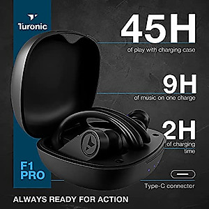 Turonic F1 Pro - True Wireless Earbuds - 45H Playtime, Charging case, Mic, IPX7 Waterproof Bluetooth Headphones w/Microphone - Sport Wireless Earphones with Earhook for Gym, Running, Workout - Black