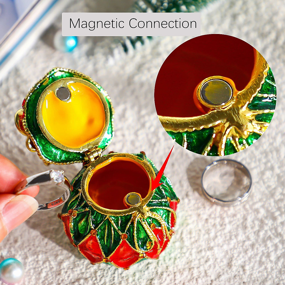 YU FENG Jeweled Christmas Trinket Boxes Hinged Xmas Decoration Ball Ornament Enamel Jewelry Ring Box