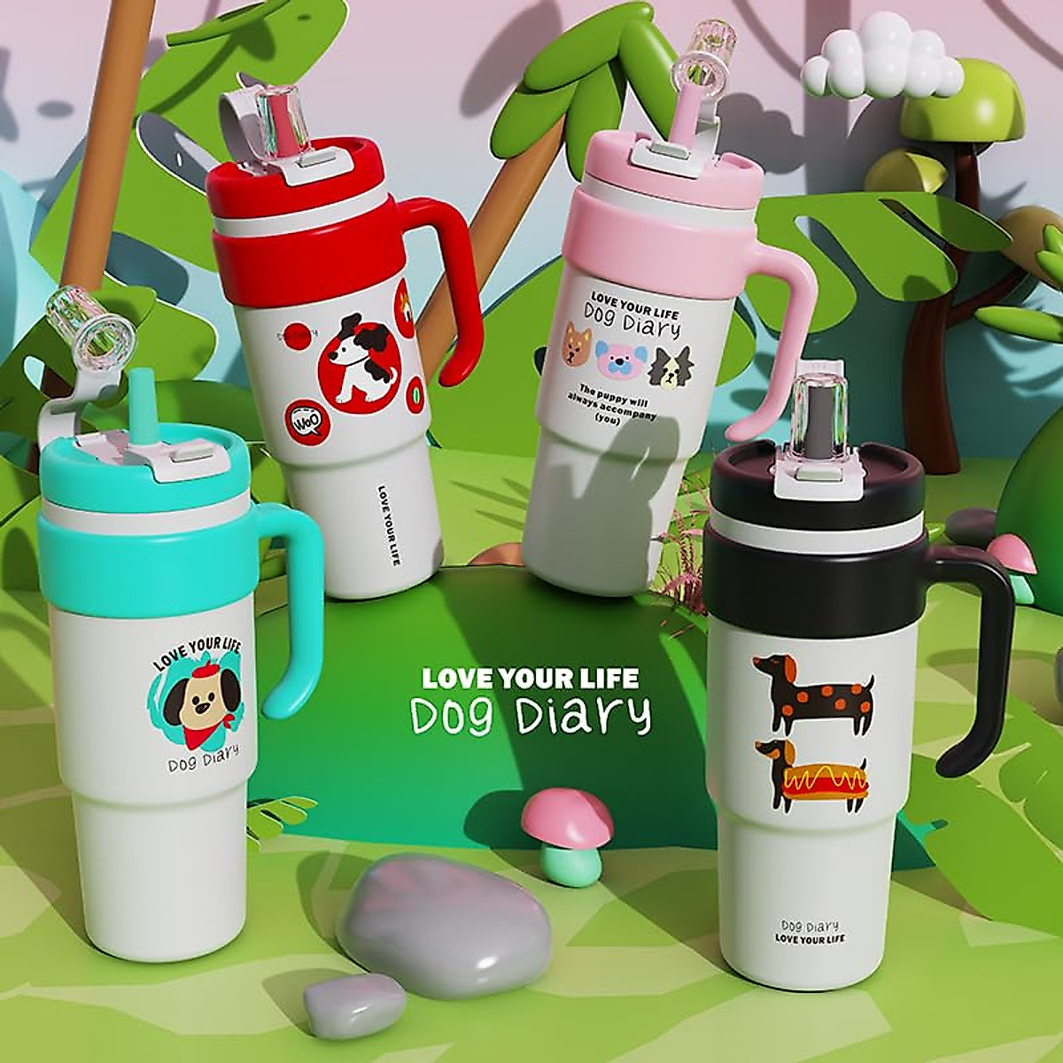 IRNATO Family Size Thermos Mug 316 Stainless Steel With Handle, Leak-proof, Can Be Freely Matched With Family Combinations, Cute Pet Logo, Easy To Carry, Full Of Flowers And Cute Pets12OZ,20OZ,40OZ