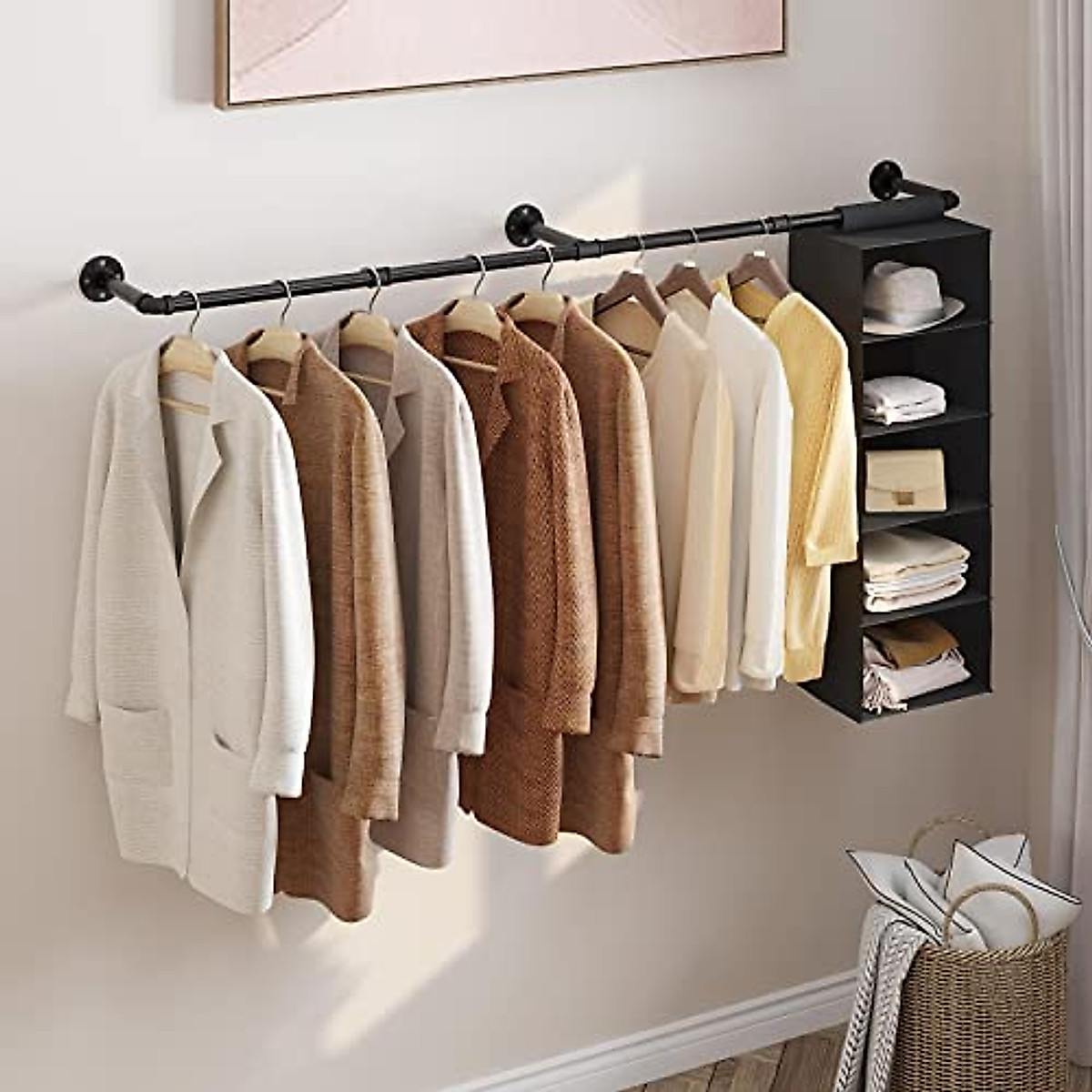 GREENSTELL Clothes Rack, 72.5 Inches Industrial Pipe Clothing Rack, Wall Mounted Closet Rod, Space-Saving Heavy Duty Hanging Bar, Detachable Multi-Purpose Hanging Rod for Closet Storage 3 Base