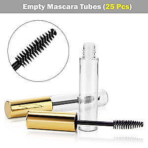 25 Pieces 10 ml Empty Mascara Tubes Wand Empty Eyelash Bottle Clear Refillable Mascara Container with 4 Pieces Funnels Transfer Pipettes for Castor Oil and DIY Cosmetics(Gold)