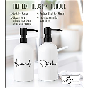 Alora Hand Soap Dispenser and Liquid Dish Soap Dispenser for Kitchen Sink - Set of 2 - Black Metal Pumps - Reusable Plastic Bottle with Easy to Read Lettering - Countertop Replacement Refill
