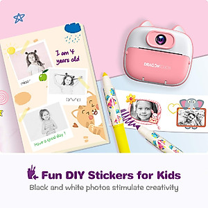 Dragon Touch Instant Print Camera for Kids, Digital Camera for Kids with Print Paper, Kids Camera with 1080P 2 Inch Color Screen, Selfie Video Camera for Kids 3-12 Years Old (Pink)