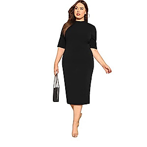 Floerns Women's Plus Size Mock Neck Short Sleeve Bodycon Pencil Midi Dress Black Pure 2XL
