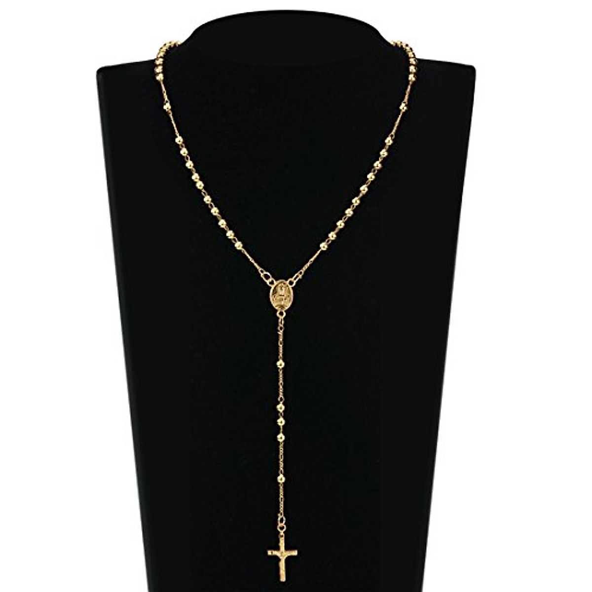 COTTVOTT Stainless Steel 6mm Beads Rosary Catholic Necklace Holy Medal & Crucifix 32inch(Golden)