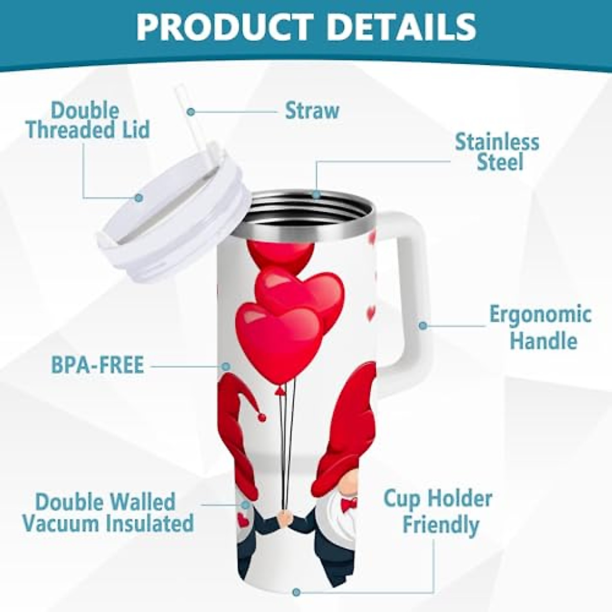 Cute Valentine's Gnome Stainless Steel Tumblers with Handle and Straw Lid for Water, Water Tumbler 30 OZ / 0.89 L