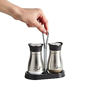 Juvale Stainless Steel Salt and Pepper Shakers Set with Holder, Refillable, Clear Glass Bottoms, Screw-Off Perforated "S" and "P" Caps for Kitchen Table Decor (4oz)