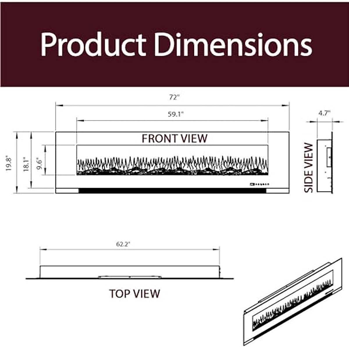 Cambridge 72 Inch Wall Mount Electric Fireplace Heater with Remote Control, Multicolor Flames, and Driftwood Log Display for Indoor Use in Living Room, Bedroom, Home Office, Black
