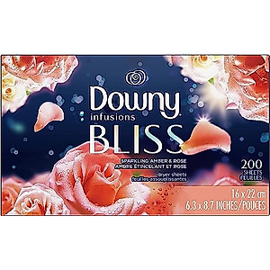 Downy Infusions Dryer Sheets, Laundry Fabric Softener, Bliss, Sparkling Amber & Rose, 200 count.