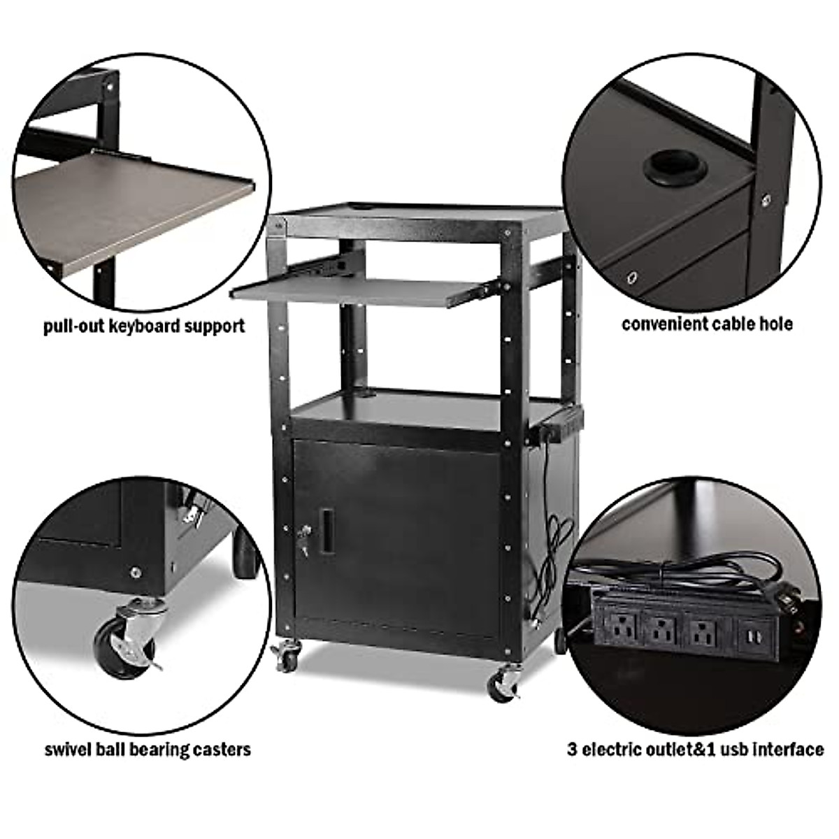 AV Cart, Presentation Cart Station, Height Adjustable Media Cart with Locking Cabinet & Sliding Keyboard Tray, 3 Shelves Rolling Projector Cart on Wheels