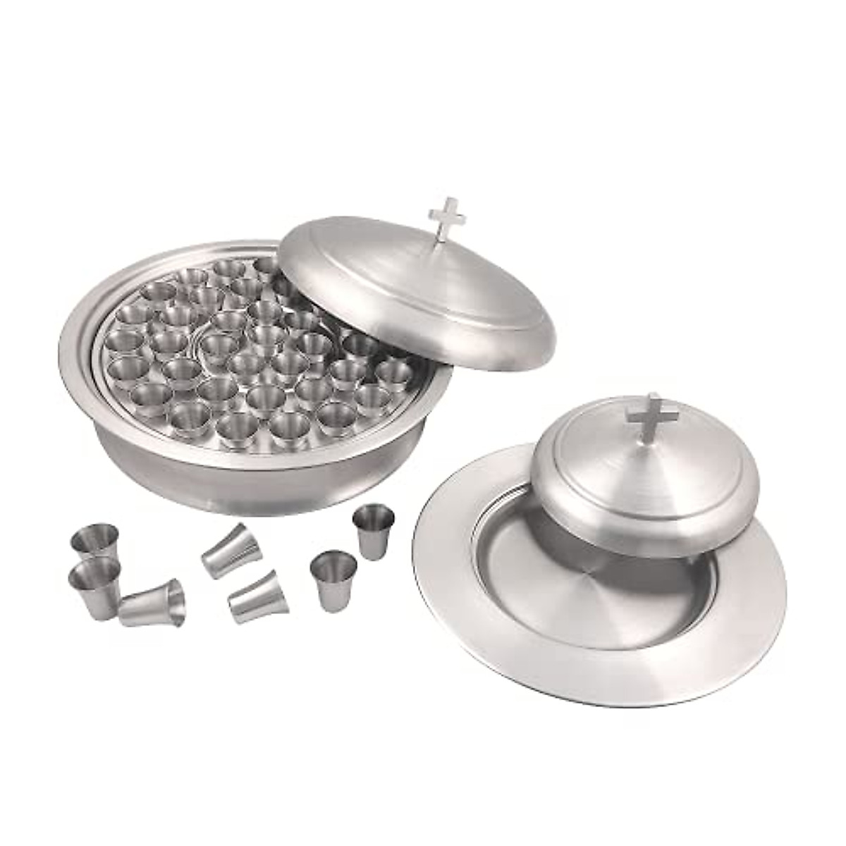 Communion Ware Holy Wine Serving Tray with A Lid & A Stacking Bread Plate with A Lid + 40 Cups - Stainless Steel (Matte)