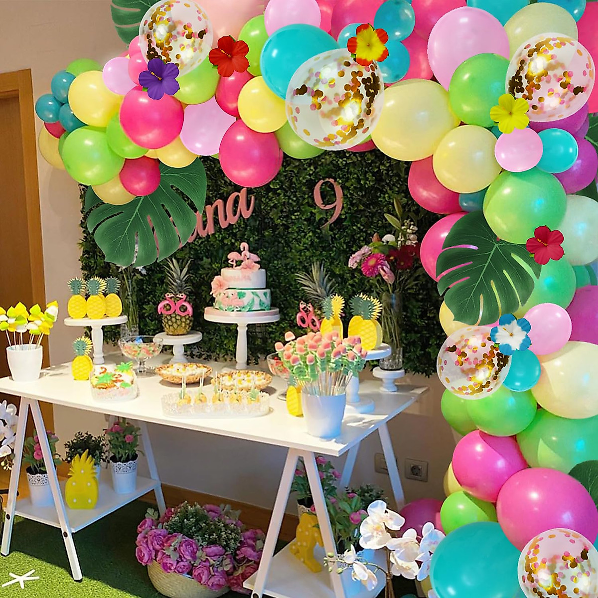 101 pcs Tropical Luau Balloons Arch Kit-Pink Green Yellow Blue Garland Kit with Palm Leaves for Tropical Hawaii Flamingo Moana Aloha Beach Themed Birthday Baby Shower Party Decoration Supplies