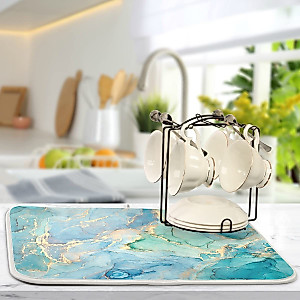 Marble Dish Drying Mat for Kitchen Counter Blue Teal Turquoise Gold Drying Mat 18 x 24 Inch with High Absorbent Reversible Microfiber Dish Drying Pad Dish Rack Pad Drainer Mat for Coffee Bar