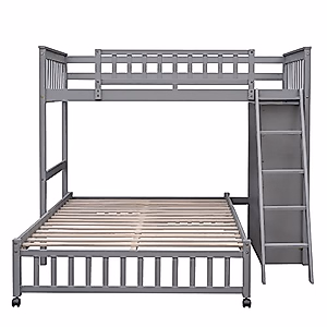 Harper & Bright Designs Twin Over Full Bunk Bed with Storage, Solid Wood Bunk Bed with 6 Drawers and 3 Flexible Shelves, Movable Bottom Bed with Wheels, for Kids Teens Adults (Gray)