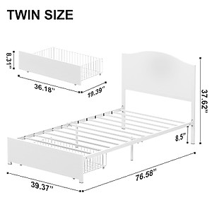 Elephance Twin Bed Frames with Under-Bed Drawer and Headboard, Metal Bed Frame No Box Spring Needed, Noise Free, Easy Assembly